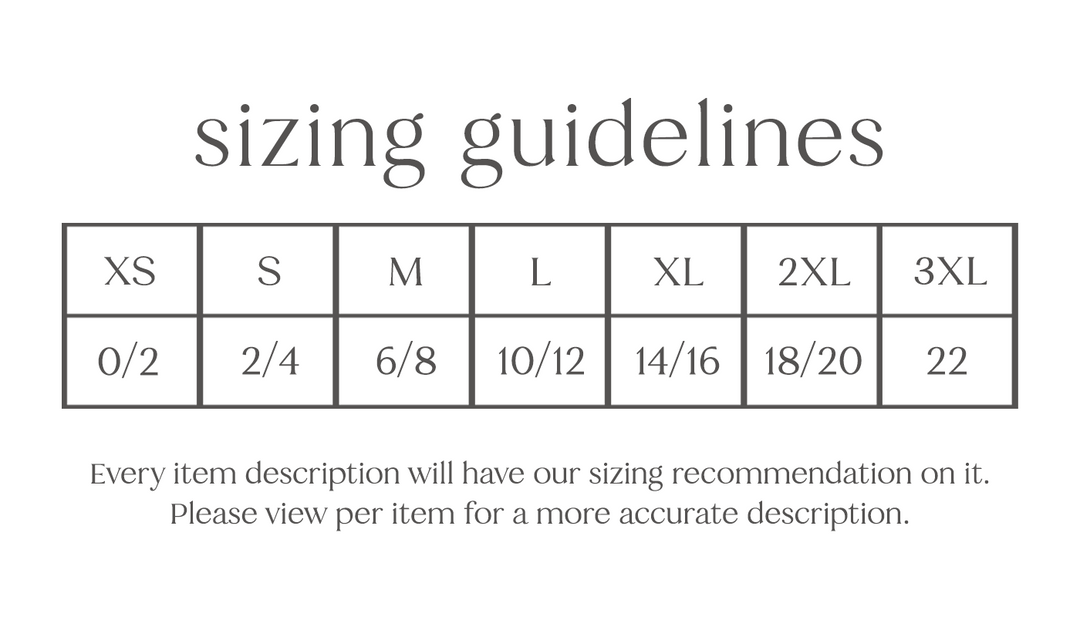 Sizing Guidelines – Kat Noelle Boutique